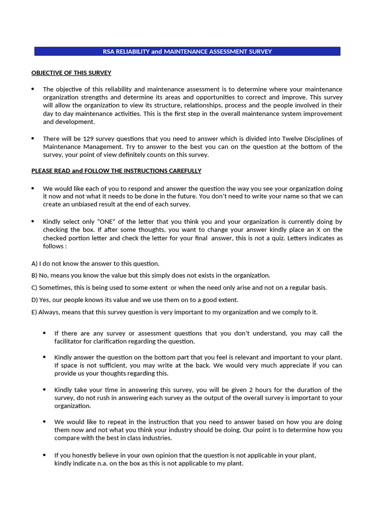 Maintenance Assessment Survey Overview | PDF | Reliability Engineering ...