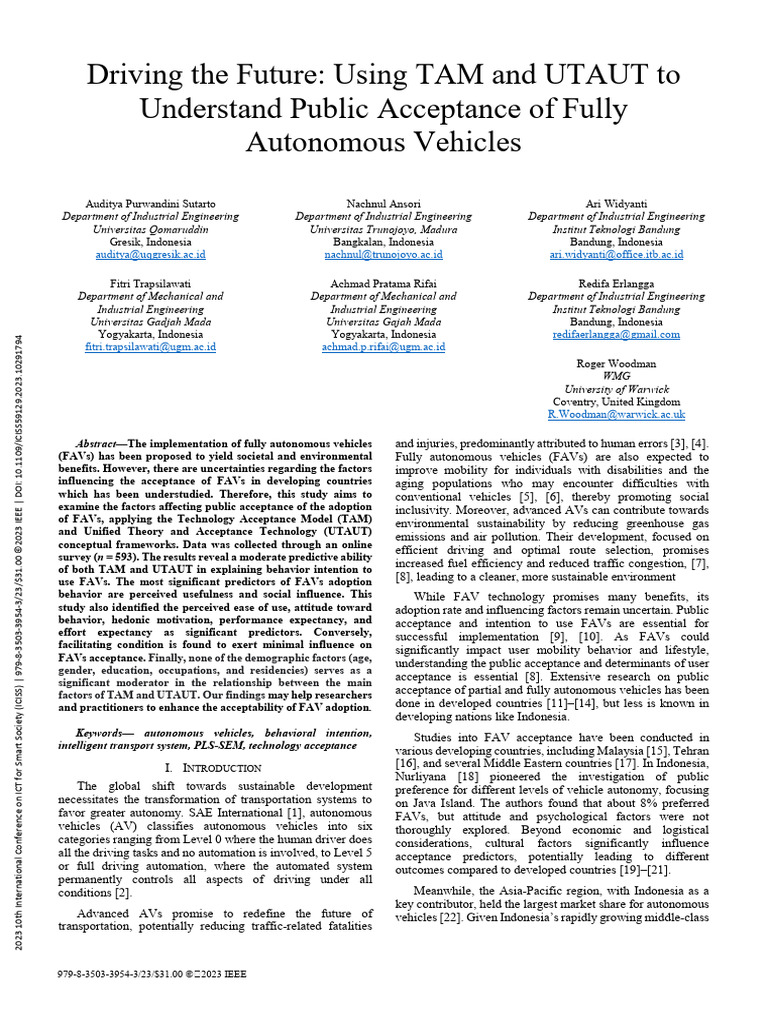 Sutarto2023 Driving The Future Using TAM and UTAUT To Understand Public ...