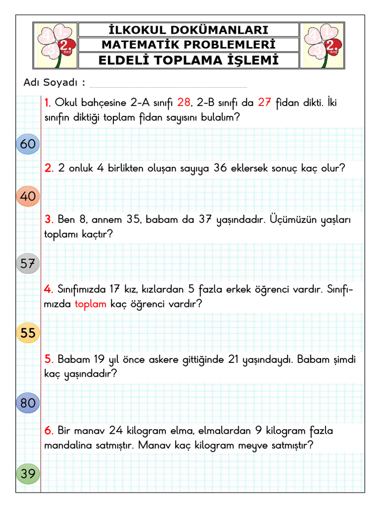 2 Sinif Eldeli Toplama Islemi Problemleri | PDF