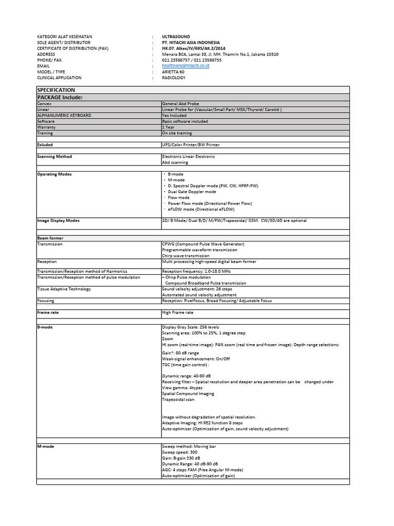 Specification Arietta 60 | PDF | Medical Ultrasound | Information And ...