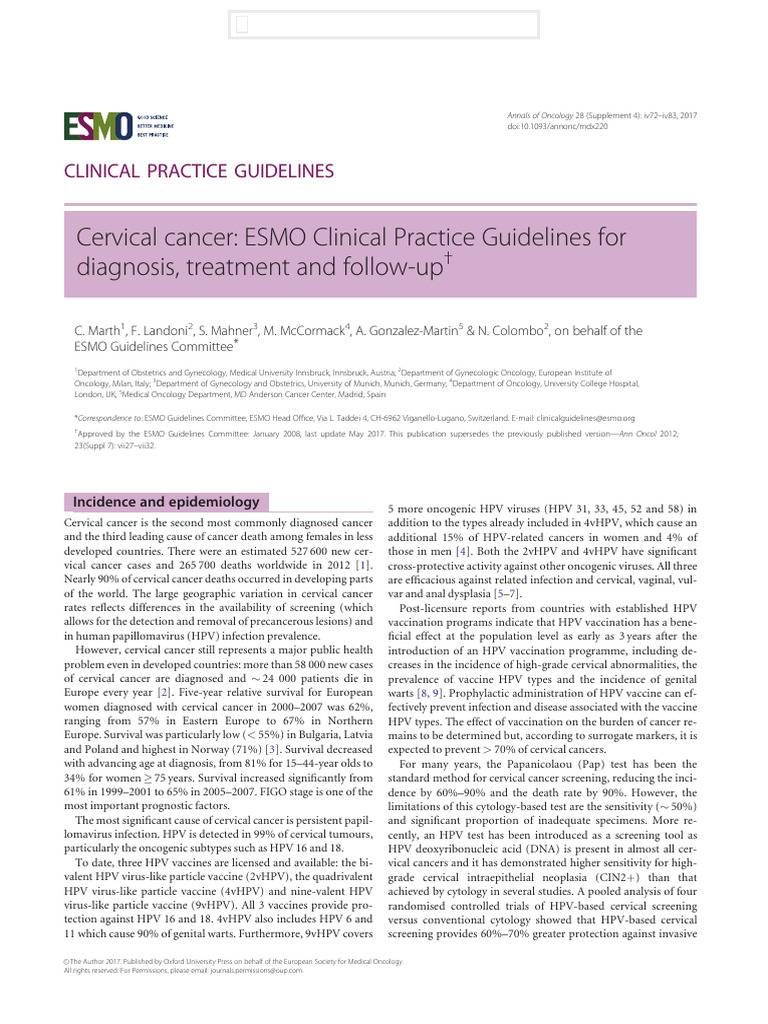 Cervical Cancer Guideline Esmo | PDF | Cervical Cancer | Diseases And ...