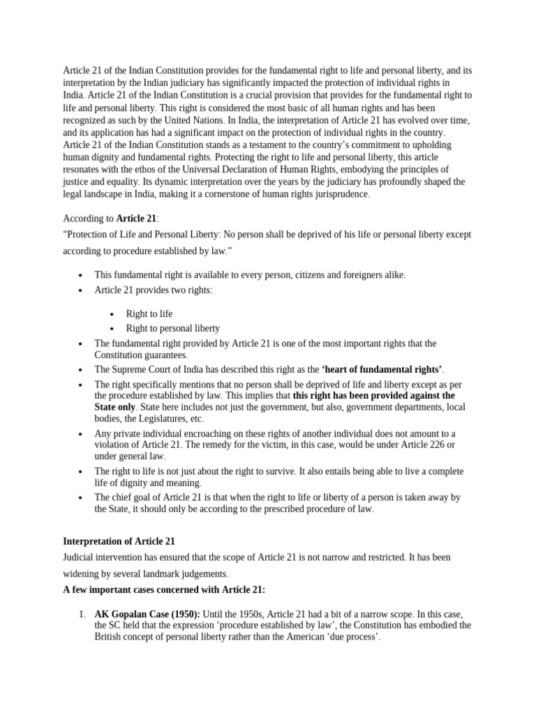 Article 21 of The Indian Constitution Provides For The Fundamental ...