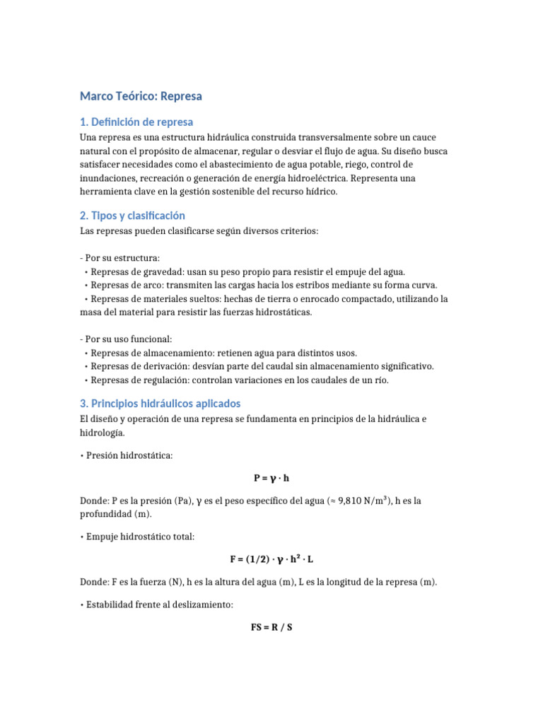 Marco Teorico Represa Hidraulica1 Formulas | PDF | Represa | Reservorio