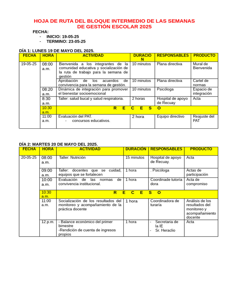 Hoja de Ruta Del Bloque Intermedio de Las Semanas de Gestión Escolar 2025 | PDF | Enseñando ...