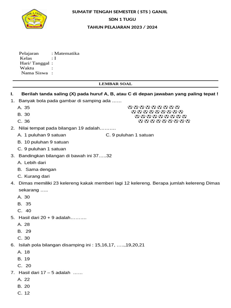 SOAL PTS Matematika Kelas 1 | PDF