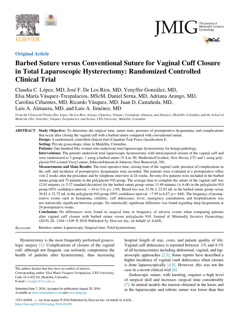 Barbed Suture Versus Conventional Suture For Vaginal Cuff Closure | PDF ...