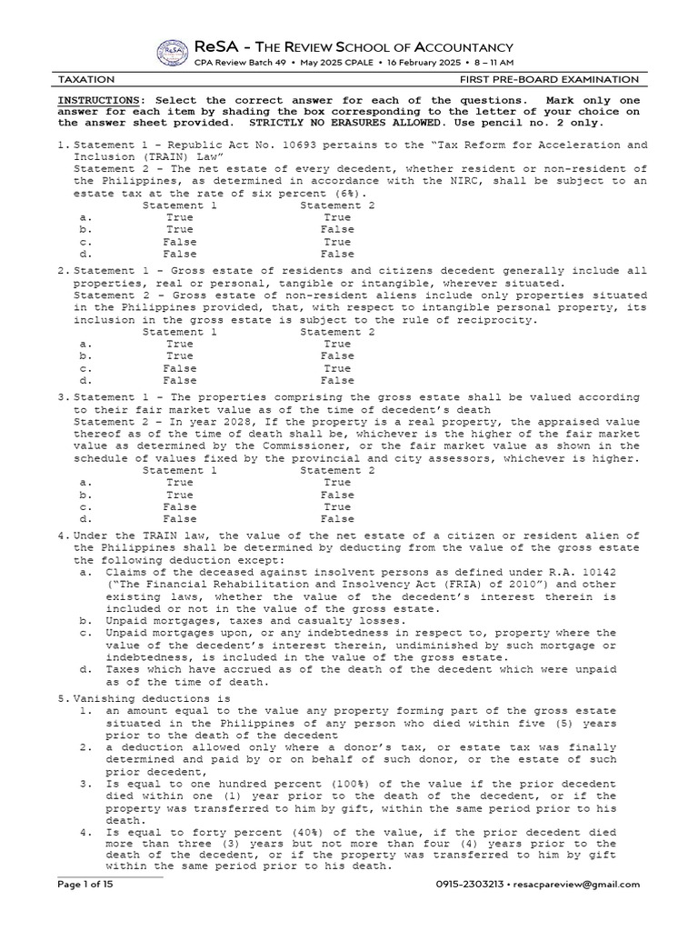 ReSA B49 TAX First PB Exam Questions, Answers & Solutions | PDF | Taxes ...