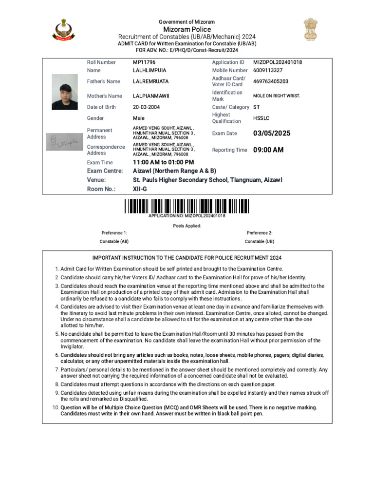 Mizoram Police Constable Exam Admit Card | PDF | Identity Document