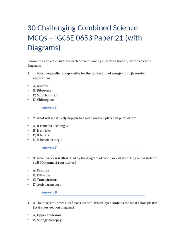 IGCSE_0653_30_Challenging_MCQs_with_Diagrams | PDF | Water | Blood