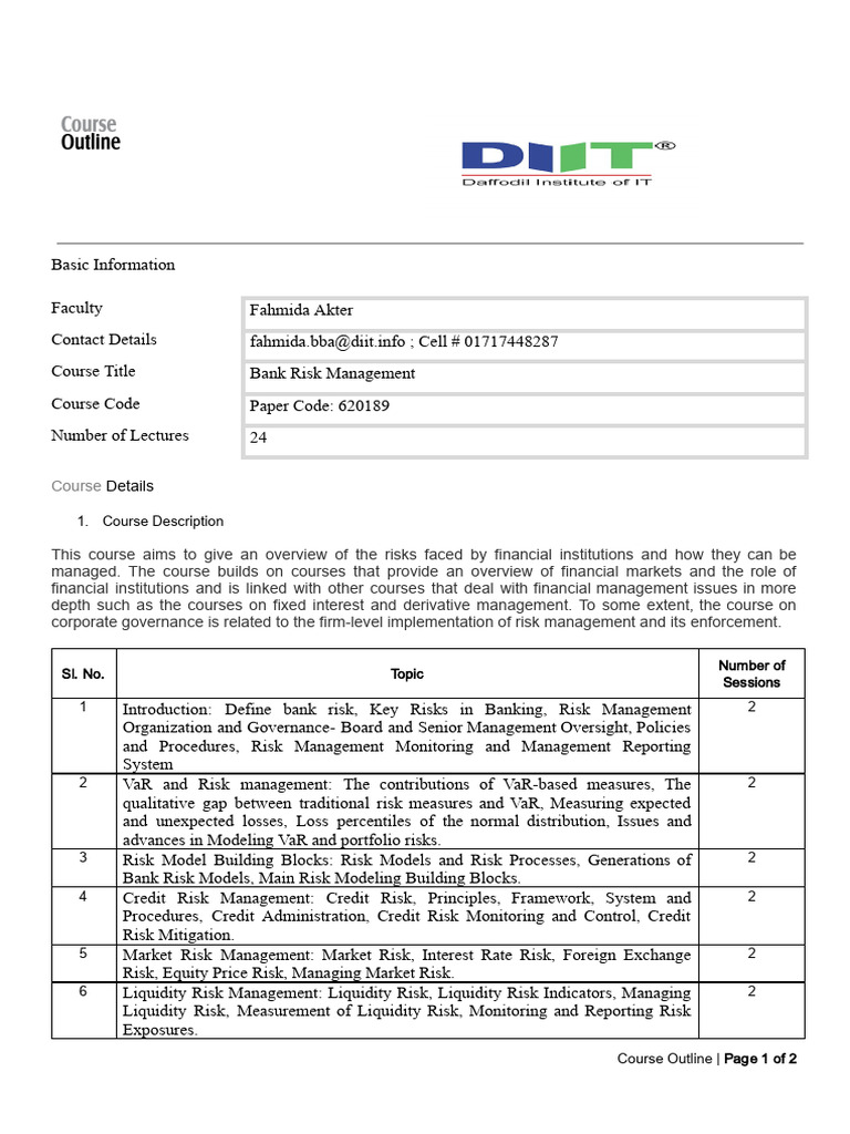 Bank Risk Management Course Outline | PDF | Risk | Operational Risk