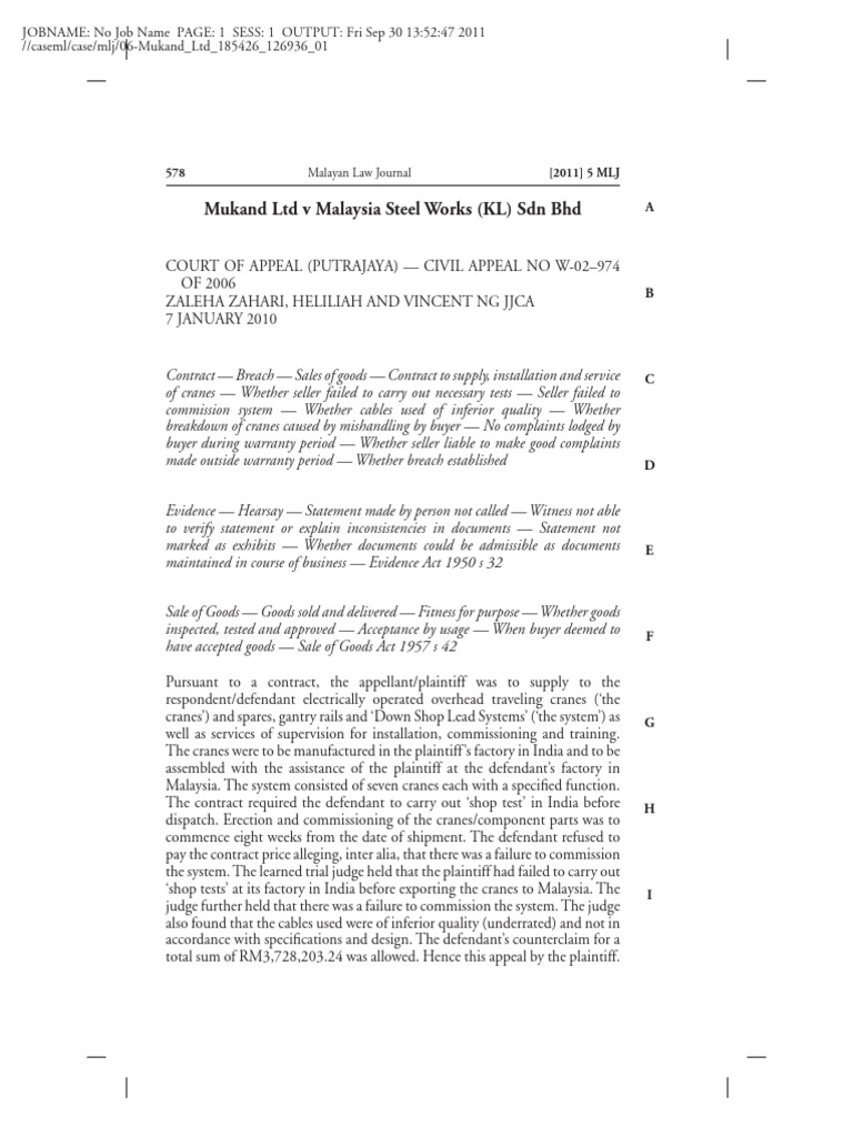 Mukand LTD V Malaysia Steel Works (KL) SDN BHD | PDF | Crane (Machine ...