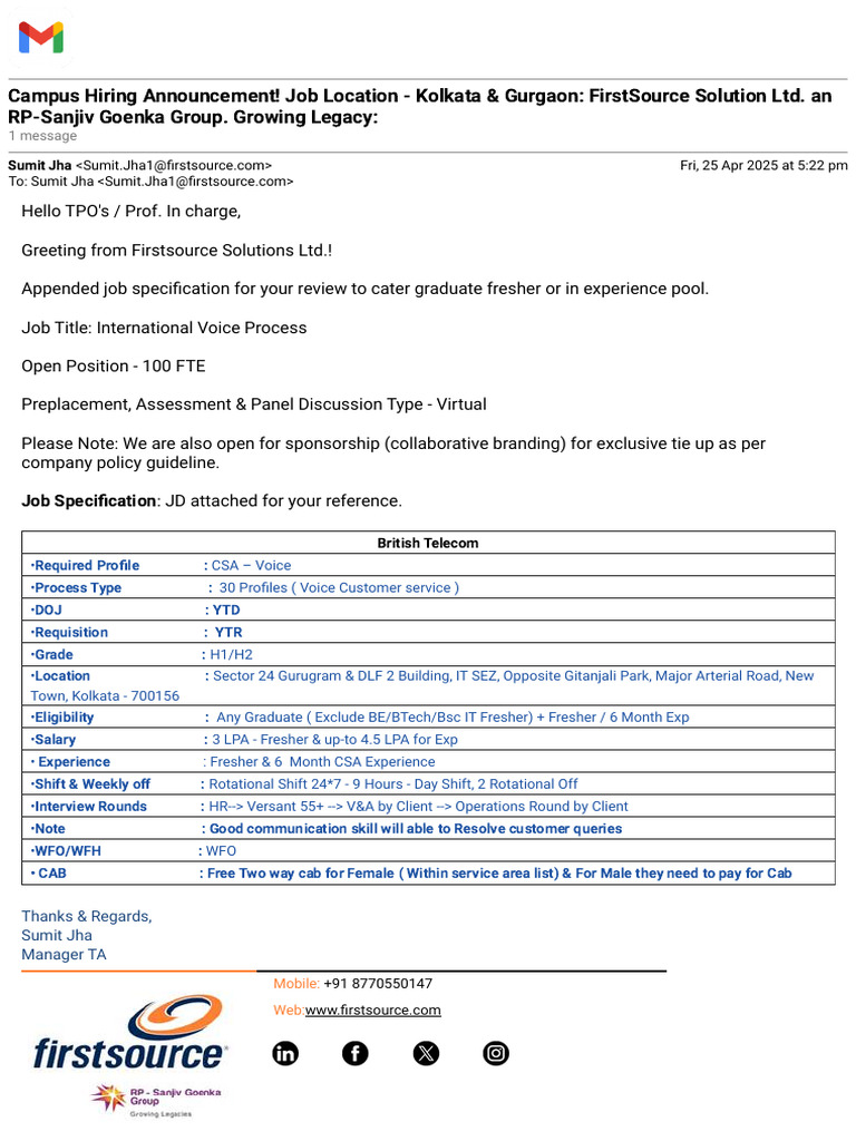 Gmail - Campus Hiring Announcement! Job Location - Kolkata & Gurgaon_ FirstSource Solution Ltd ...