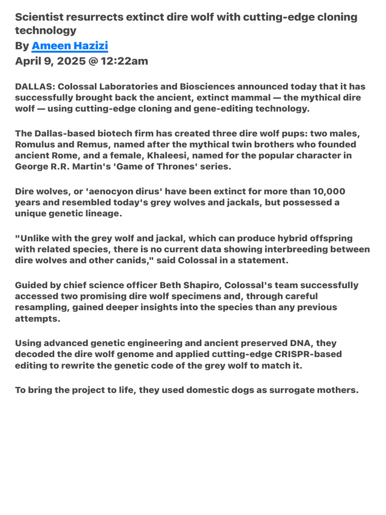 Scientist Resurrects Extinct Dire Wolf With Cutting-Edge Cloning ...