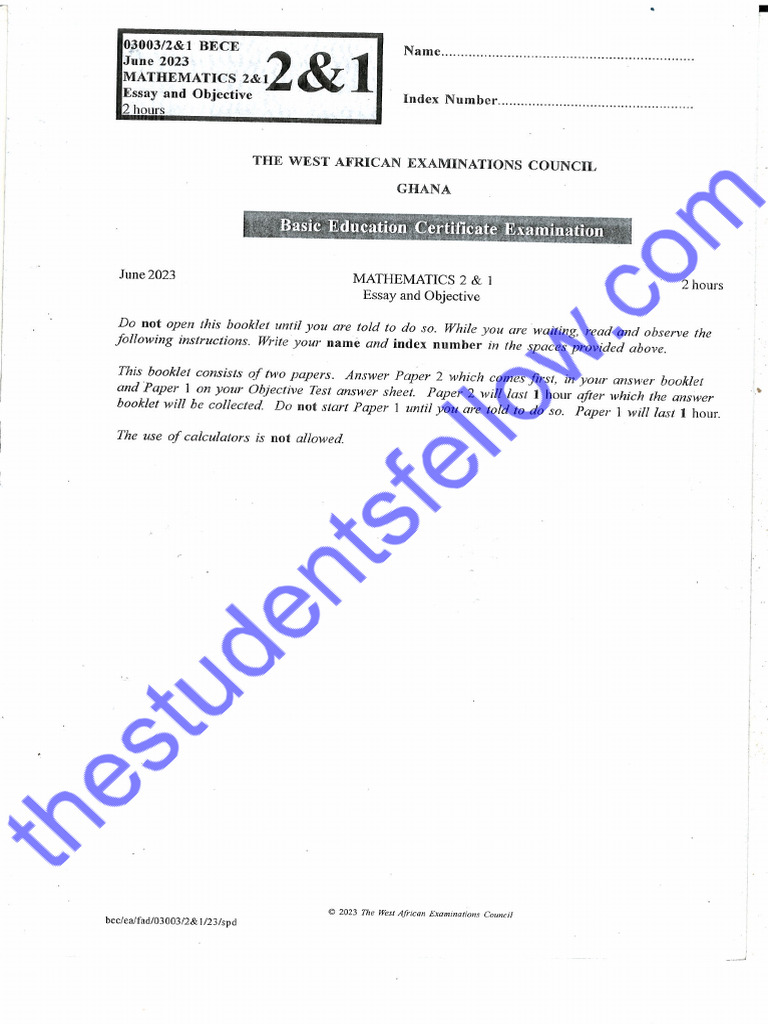 BECE Mathematics Past Question 2023 | PDF