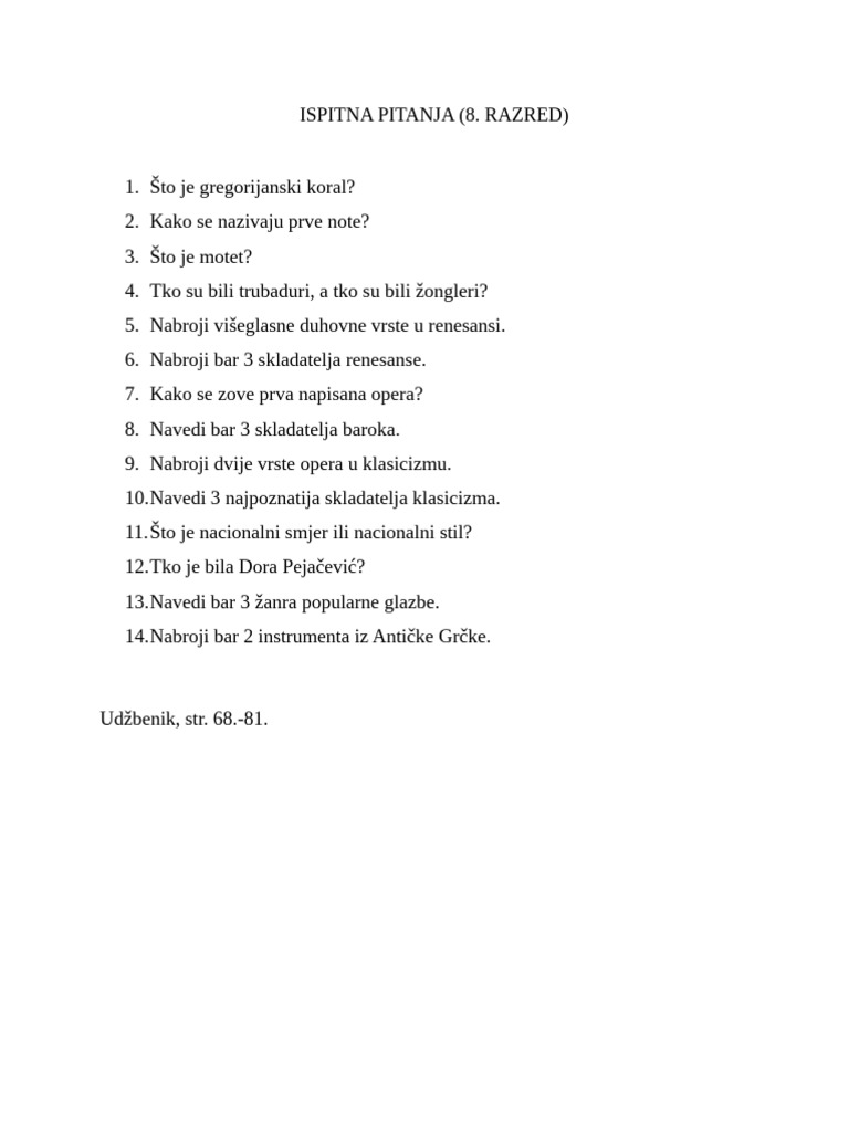 ISPITNA PITANJA 8. Razredi, Travanj 2024. | PDF