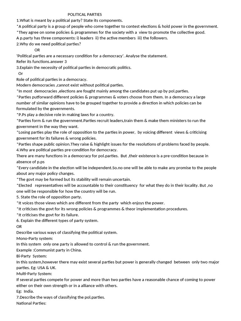 Political Parties Notes | PDF | Political Parties | Government