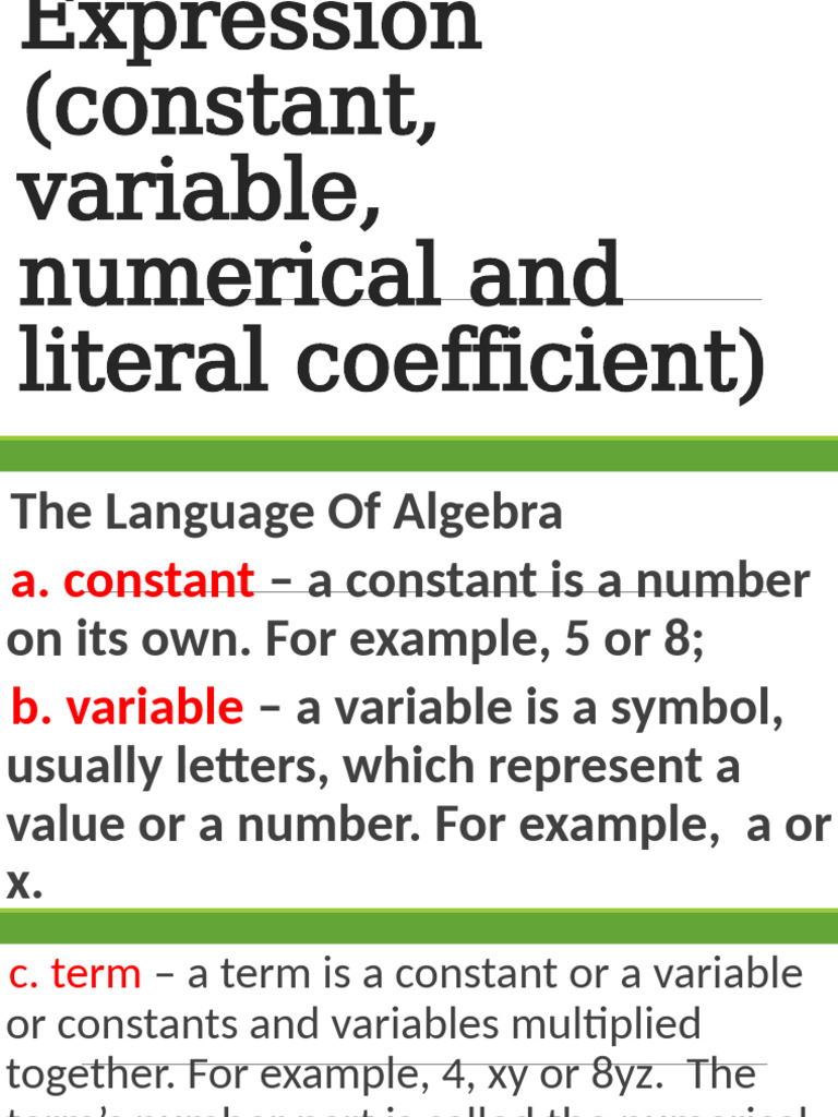 Algebraic Expression (Constant, Variable, Numerical | PDF