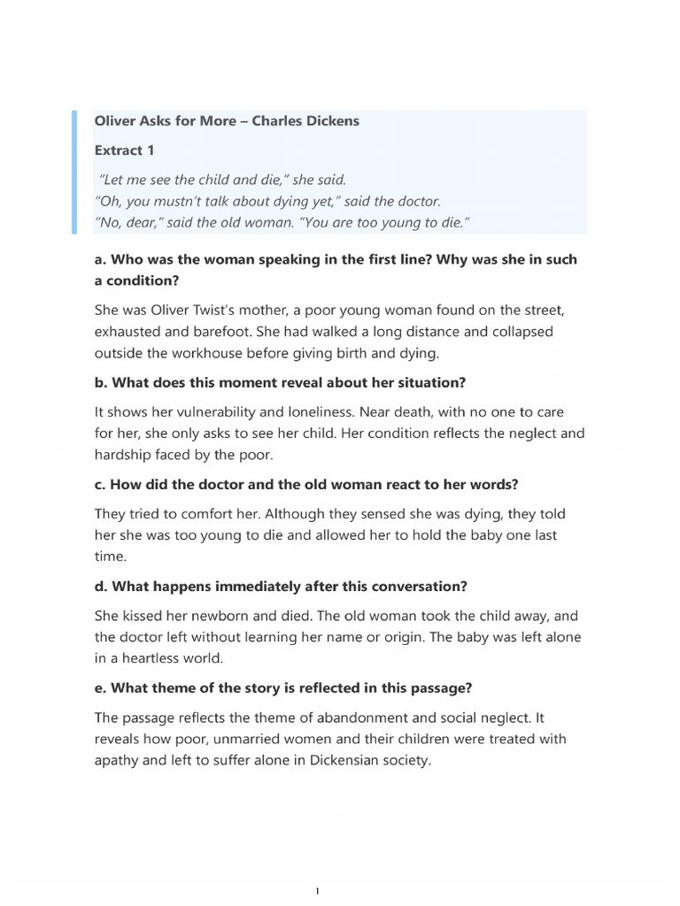 Oliver asks for more - Extract based questions | PDF