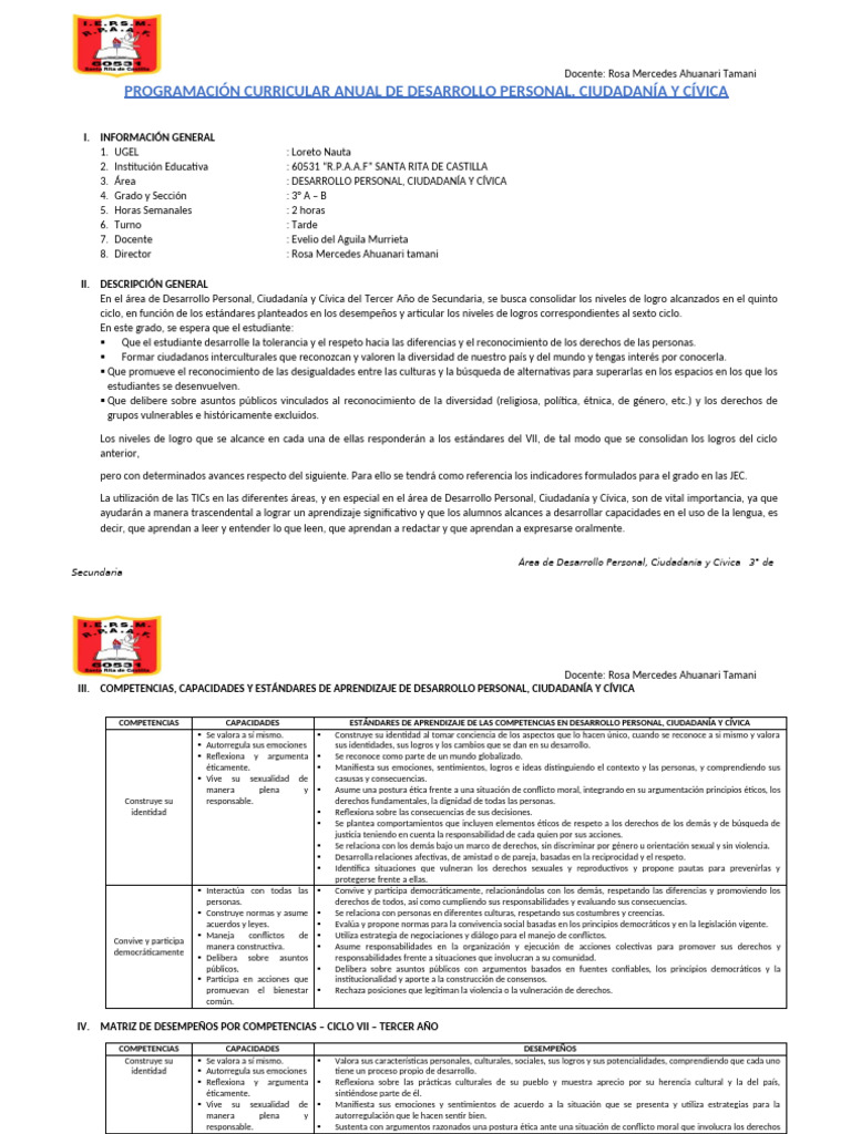 3ro Programacion Anual D.P.C.C 2023 | PDF | Enseñando | Aprendizaje