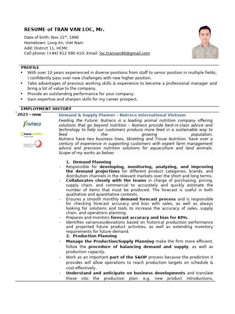 Resume of Tran Van Loc - 2024 - S Version | PDF | Supply Chain | Business Economics