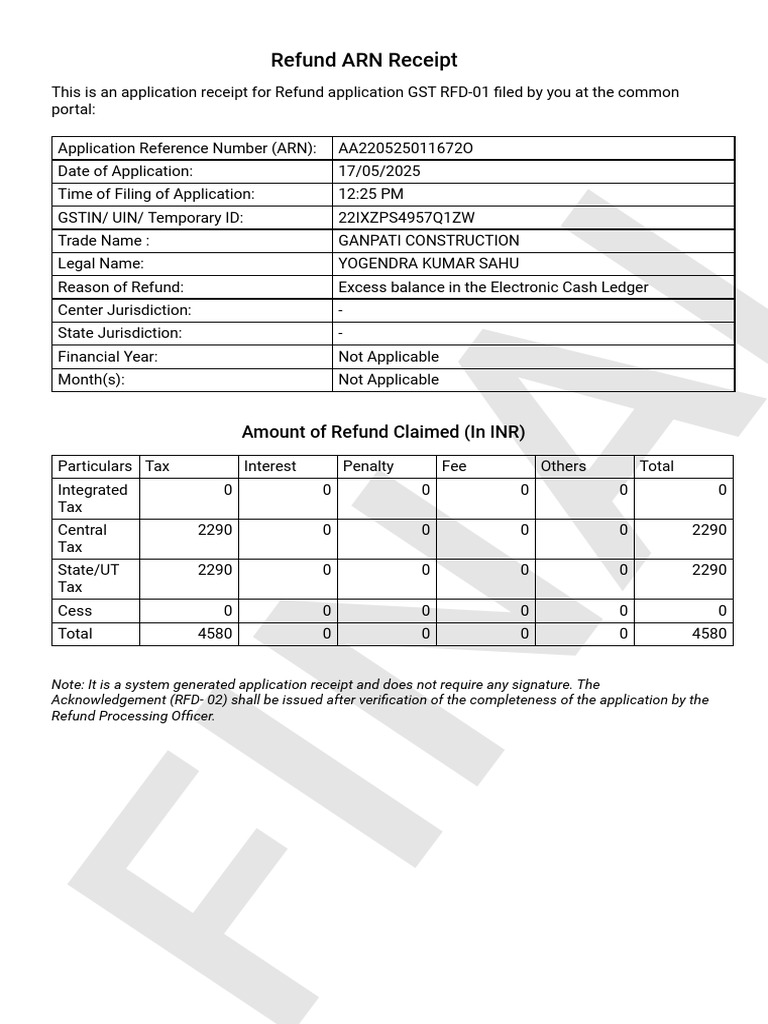GST Refund ARN Receipt for Ganpati Construction | PDF | Taxes ...