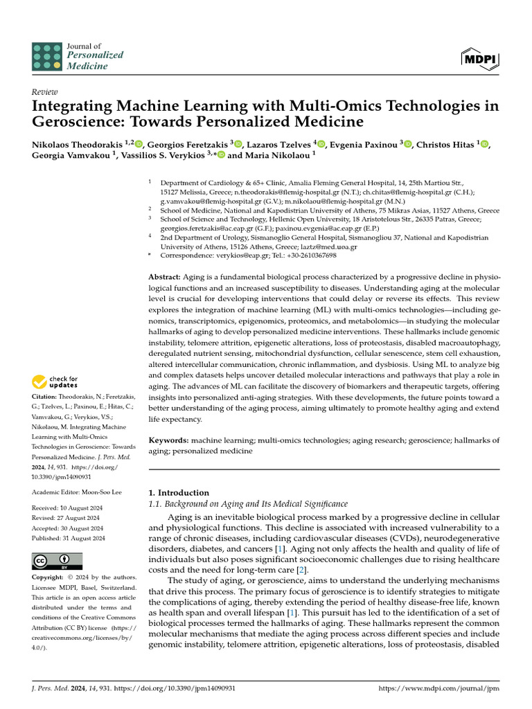 Integrating Machine Learning With Multi-Omics Technologies in Geroscience Towards Personalized ...