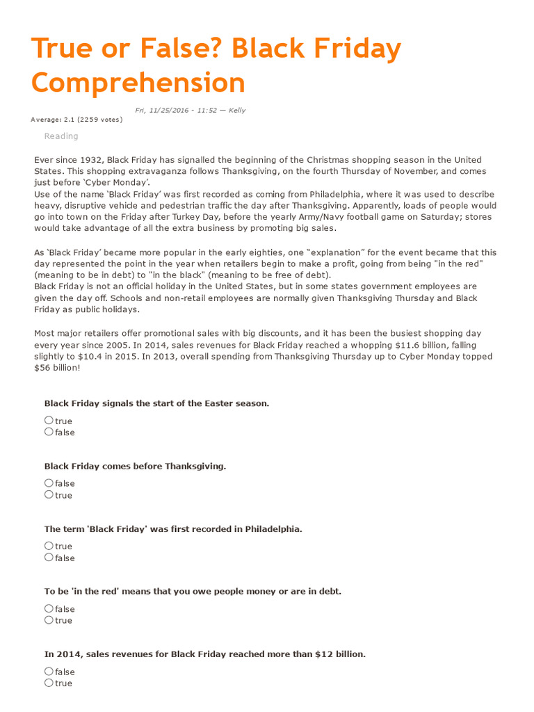 True or False - Black Friday Comprehension - Learn English | PDF