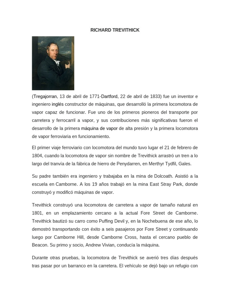 Richard Trevithick: Pionero del Tren a Vapor | PDF | Transporte de ...