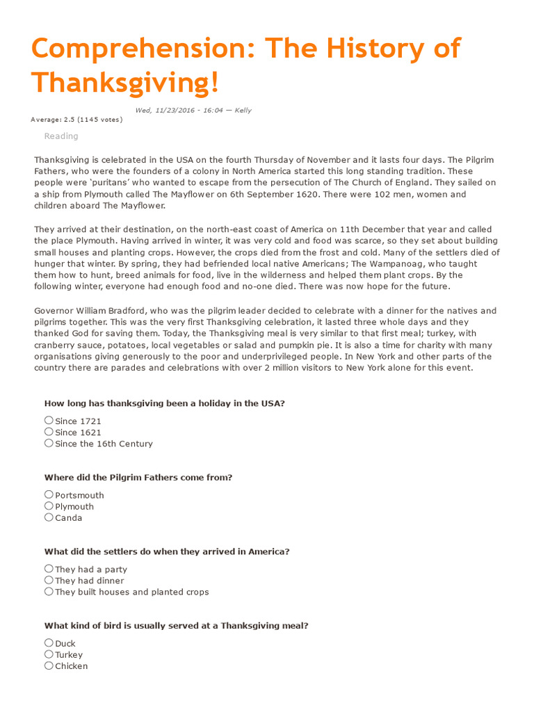 Comprehension_ The History of Thanksgiving! _ Learn English | PDF ...