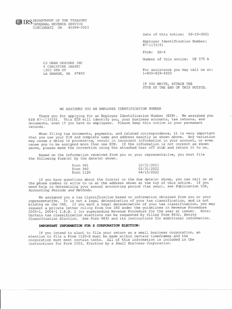 IRS EIN Letter0001 - Removed | PDF