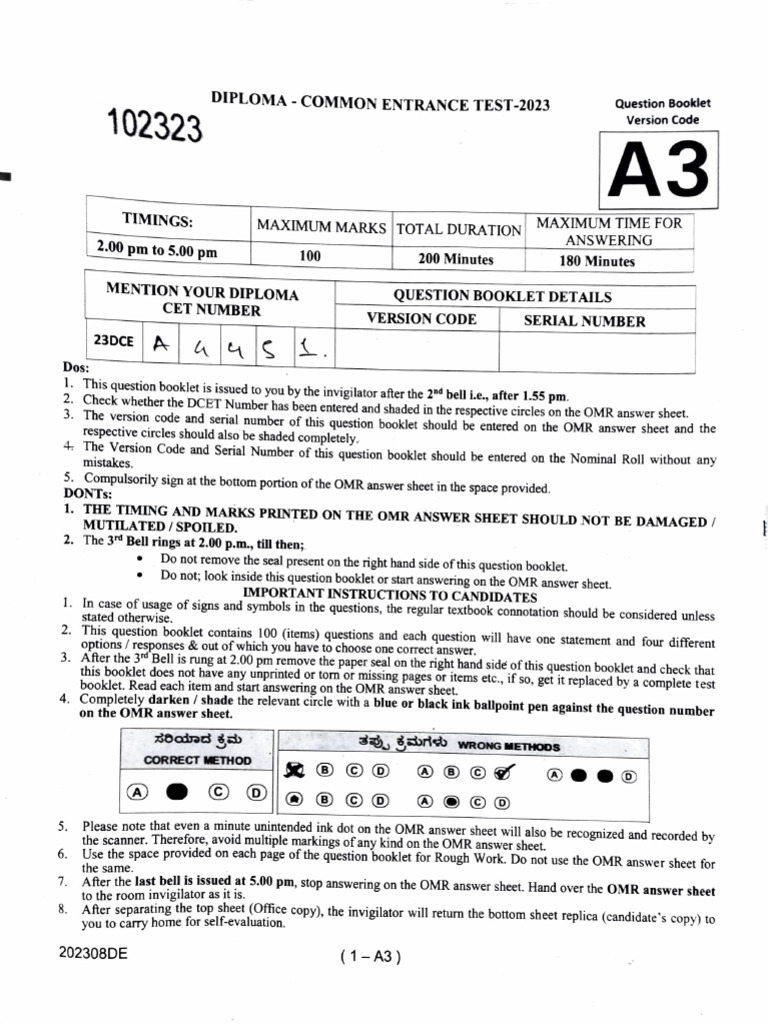 DCET 2023 QP-A3 With KEY Ans | PDF | Fuse (Electrical) | Internet & Web