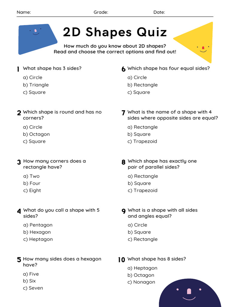 2D Shapes Multiple Choice Quiz Worksheet in Colorful Simple Style | PDF ...