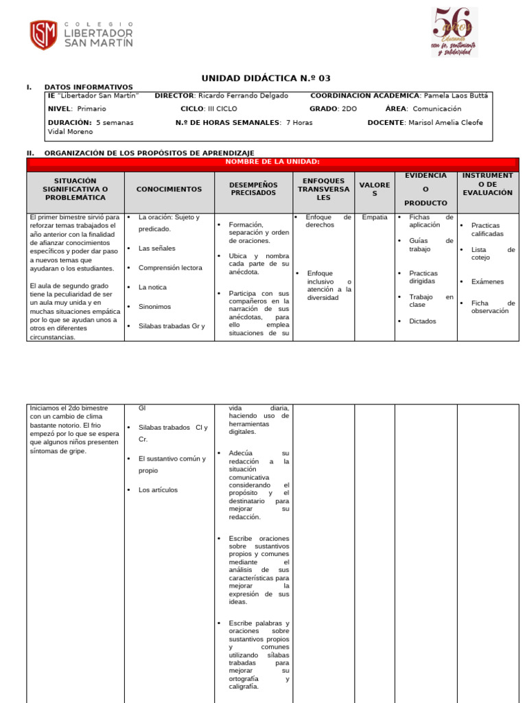 Unidad Didactica N°3 Comunicacion 2do Grado | PDF | Aprendizaje