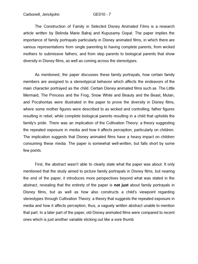 Research Article Critique The Construction of Family in Selected Disney ...