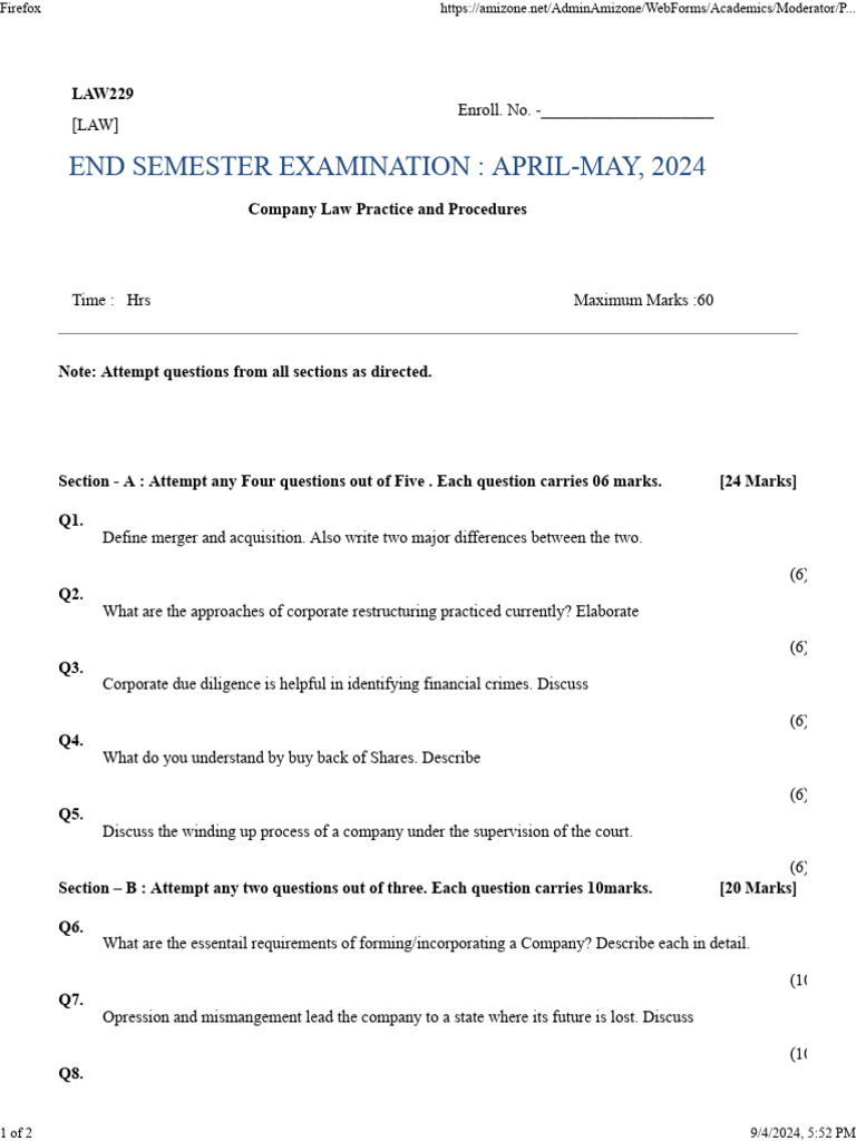 Company Law (Question) Amity 2024 Bcom Hons | PDF