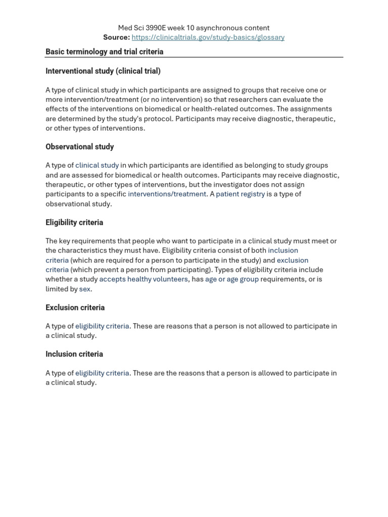 3990 - Winter2025 - Week 10 - Asynchronous Content - Clinical Trial Glossary | PDF | Phases Of ...