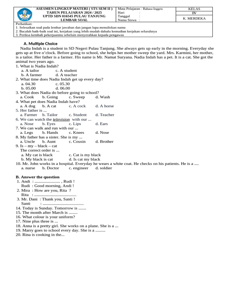 Soal Bahasa Inggris Kelas Iv SD | PDF | Animals And Humans | Domesticated Animals
