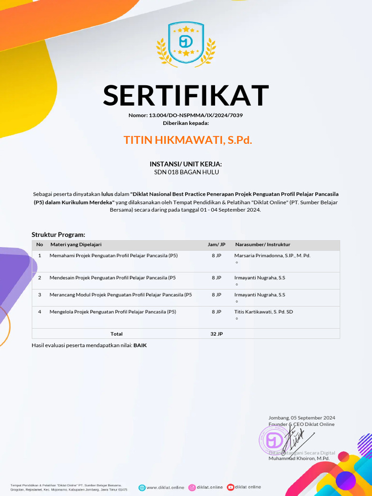 SERTIFIKAT Titin-1-10-1 | PDF