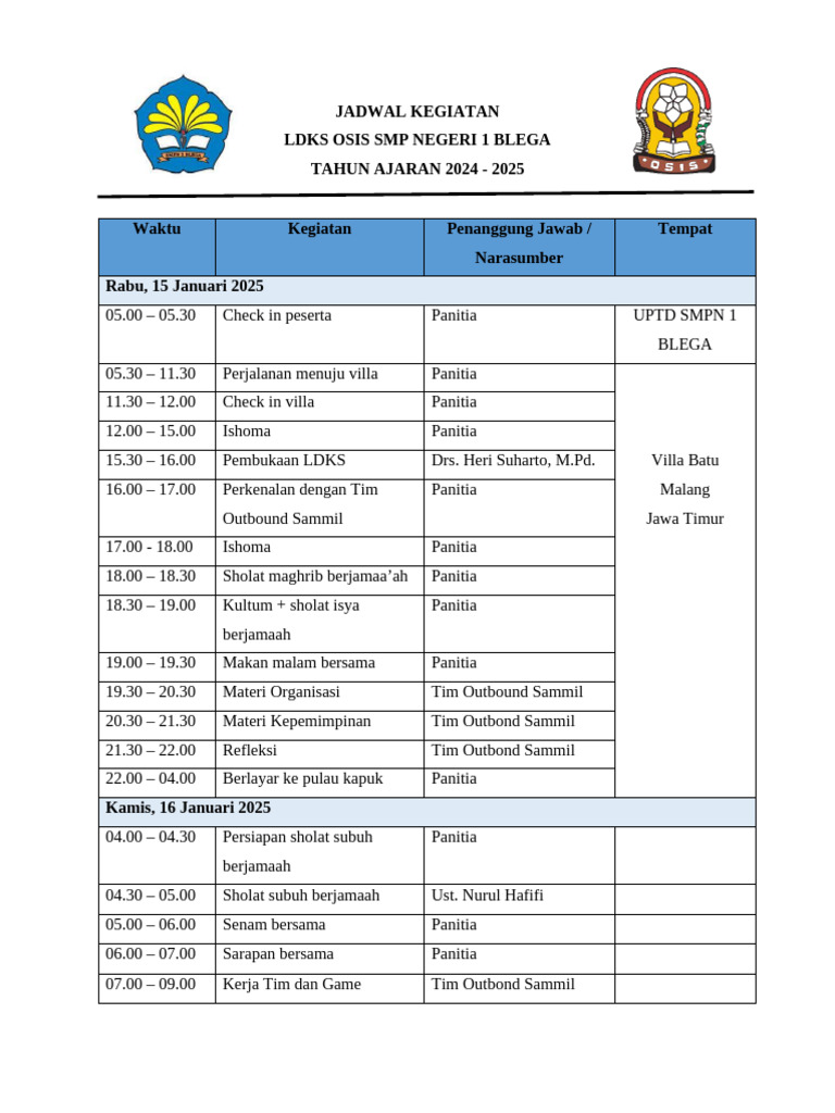 Jadwal Kegiatan LDKS Osis 2024 - 2025 | PDF