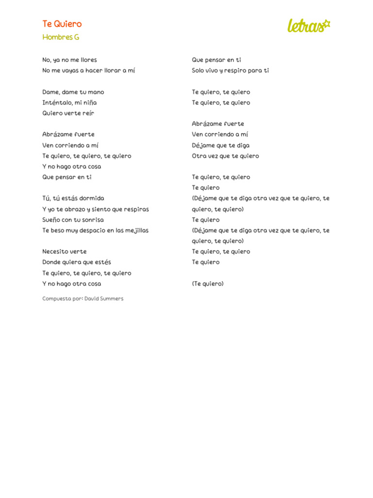 Letra de "Te Quiero" - Hombres G | PDF