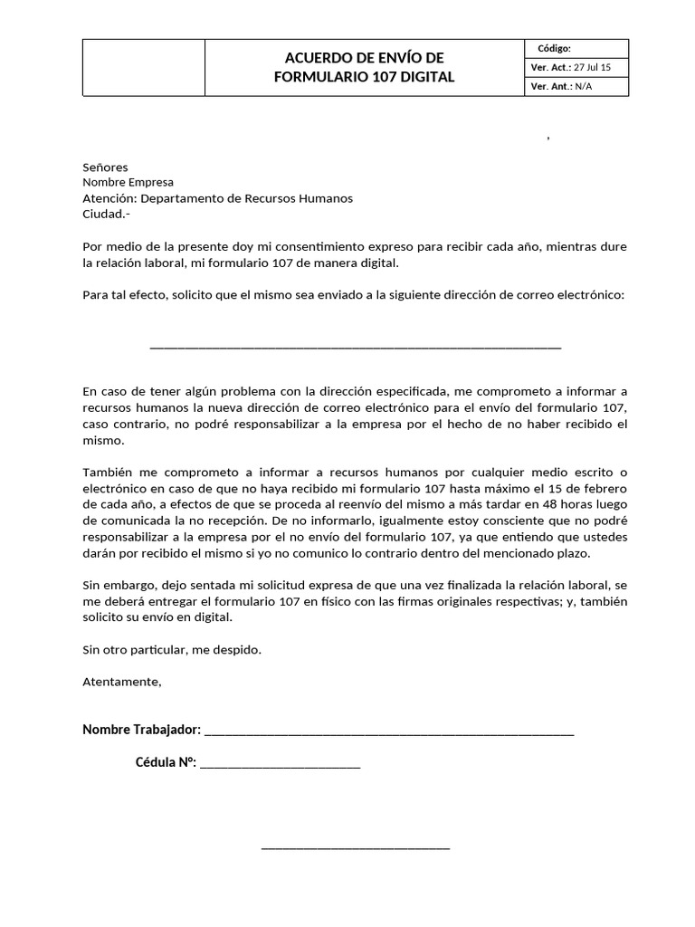 Acuerdo de Envío de Formulario 107 Digital | PDF