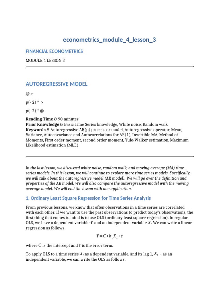 Econometrics Module 4 Lesson 3 Pdf Autoregressive Model Ordinary