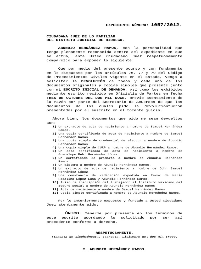 Escrito Solicitando Devolución de Documentos Abundio Hernández Ramos | PDF