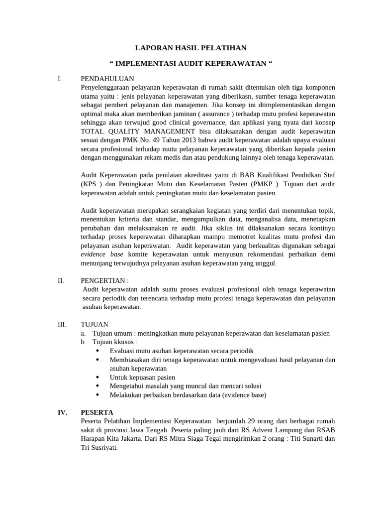 Laporan Hasil Pelatihan Audit Keperawatan | PDF