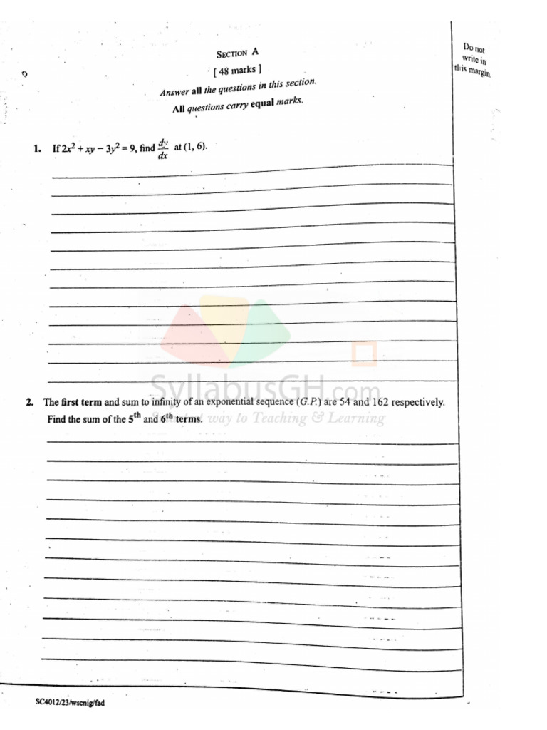 2023 Wassce Mathematics (Elective) 2 | PDF