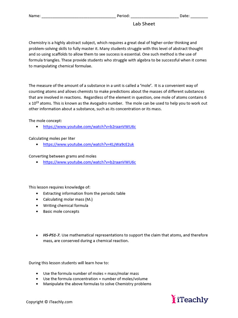4 1 Chemistry Formula Triangles Lab | PDF | Mole (Unit) | Chemistry