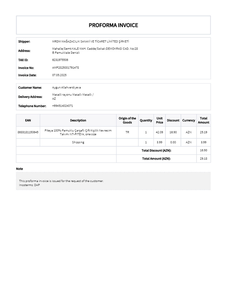 Proforma Invoice: Shipper: Address: Tax Id: Invoice No: Invoice Date | PDF