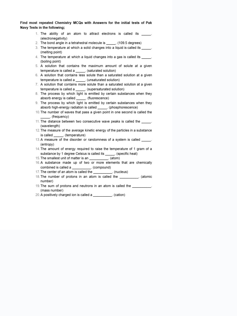 Chemistry MCQs for Pak Navy Tests | PDF | Ion | Chemical Bond