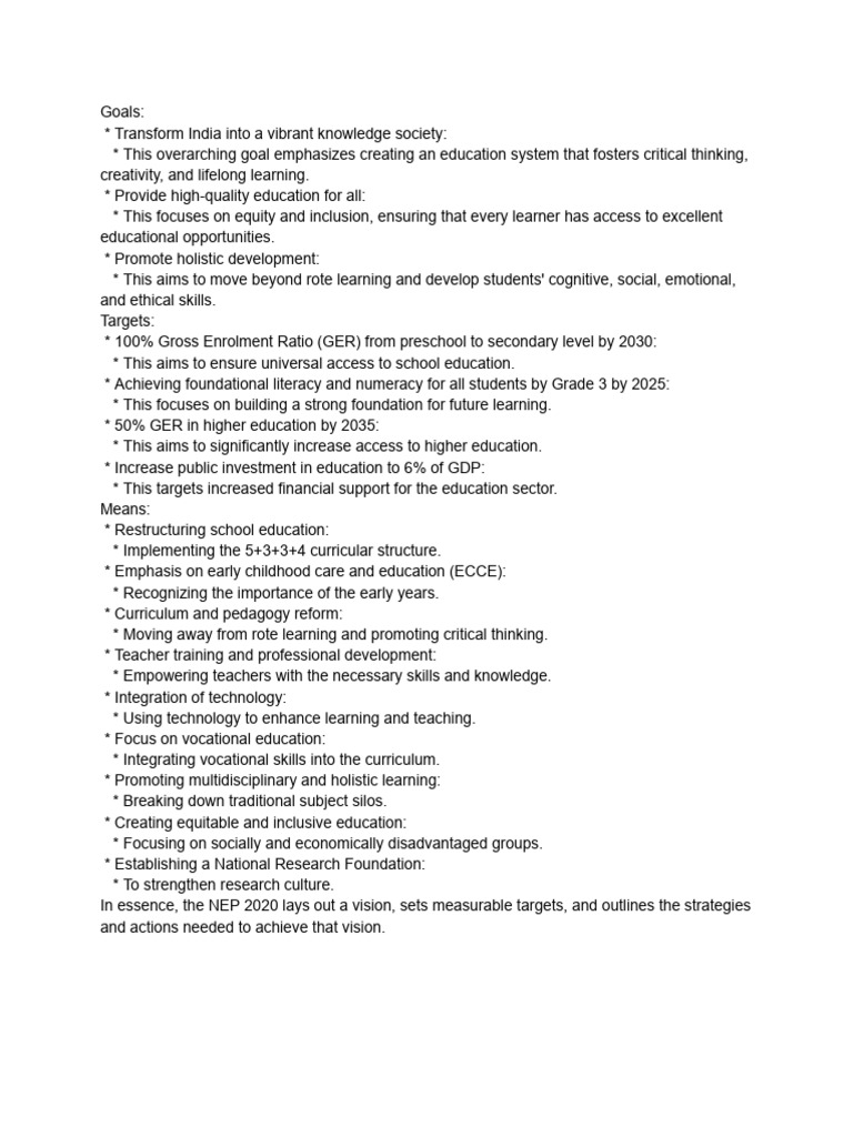 NEP 2020: Vision and Goals for Education | PDF
