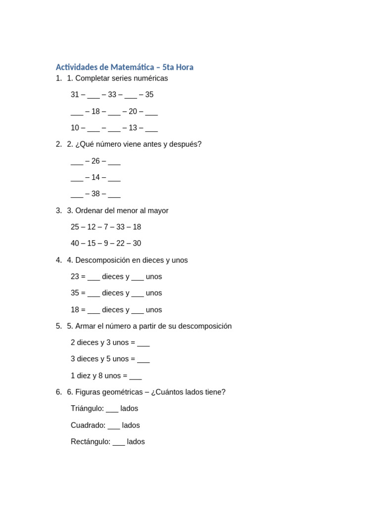 Actividades Matematica 5ta Hora Primer Grado | PDF